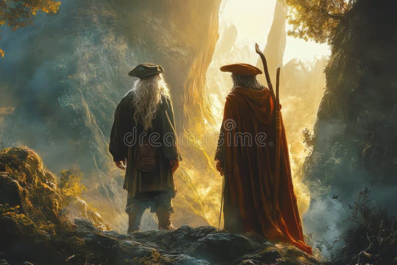 Two Wizards Exploring a Mystical Forest Path Stock Illustration ...