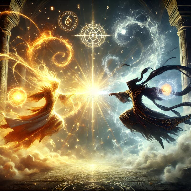 Two Wizards Fighting with Magic in Fantasy Setting Stock Illustration ...
