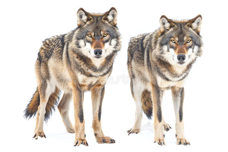 Two Wolf in the Snow, Isolated on White Background, Front and Side View ...