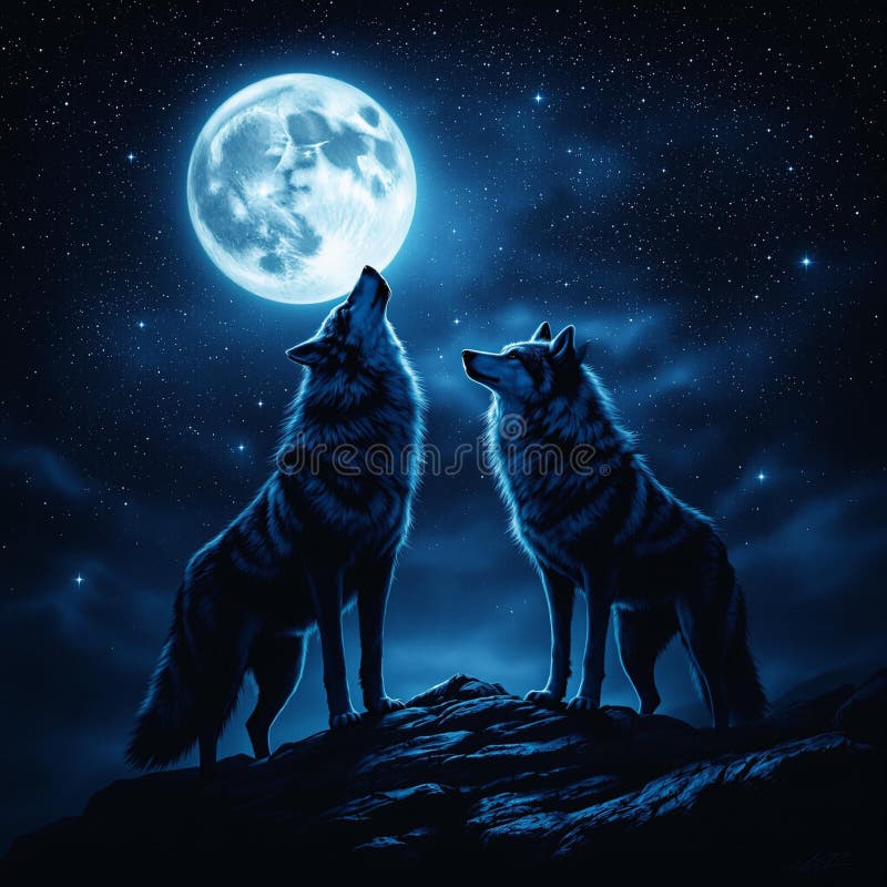 Two Wolf Under Moon in a Starry Night Sky Stock Illustration ...
