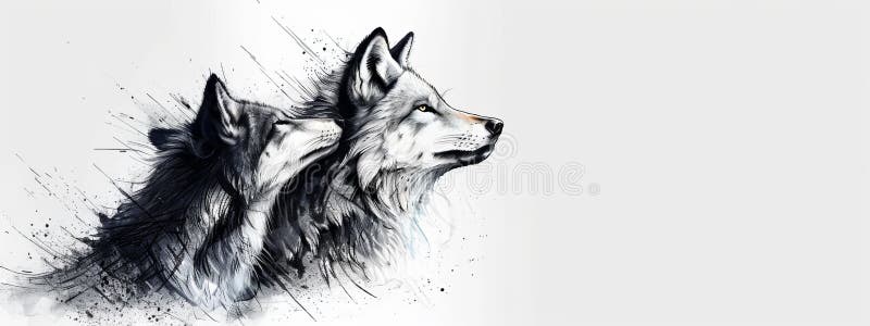 Two Wolves in a Black-and-white Drawing, Heads Turned Toward Each Other ...