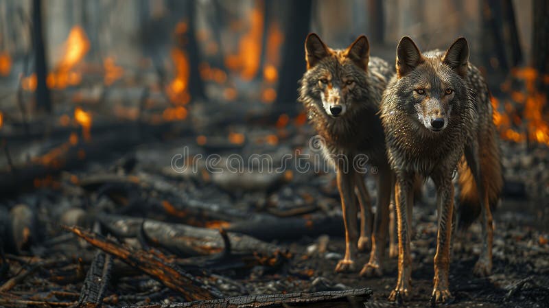 Two Wolves, Carnivorous Terrestrial Animals, Stand before a Blazing ...