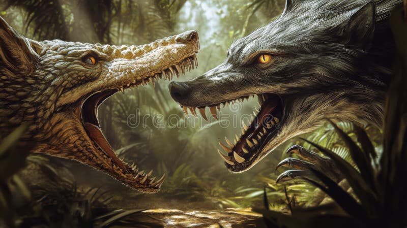 Two Wolves Confrontation in Lush Tropical Jungle Stock Illustration ...