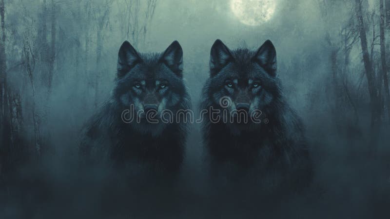 Two Wolves in a Dark Forest Under the Moonlight Stock Illustration ...