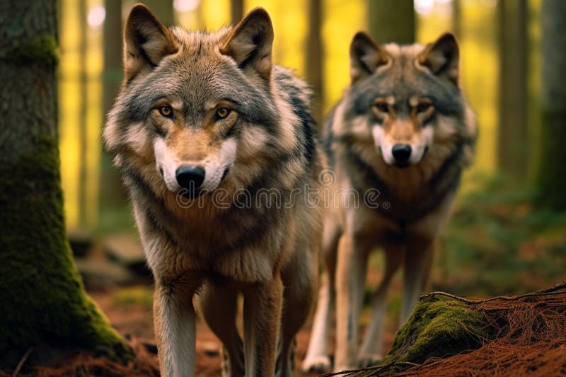 Two Wolves in a Dark Forest. Wild Animal in Natural Habitat Stock ...