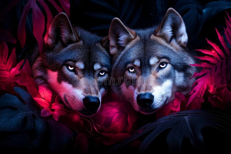 Two Wolves in the Dark with Red Leaves Stock Photo - Image of wolf ...