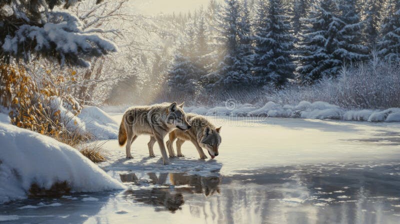 Two Wolves Drinking from a Frozen Lake in a Snowy Forest Stock ...