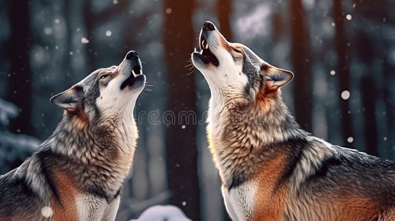 Two Wolves Expressing Emotions and Howling in the Wild Winter Forest. Wintertime Wolves Stock ...