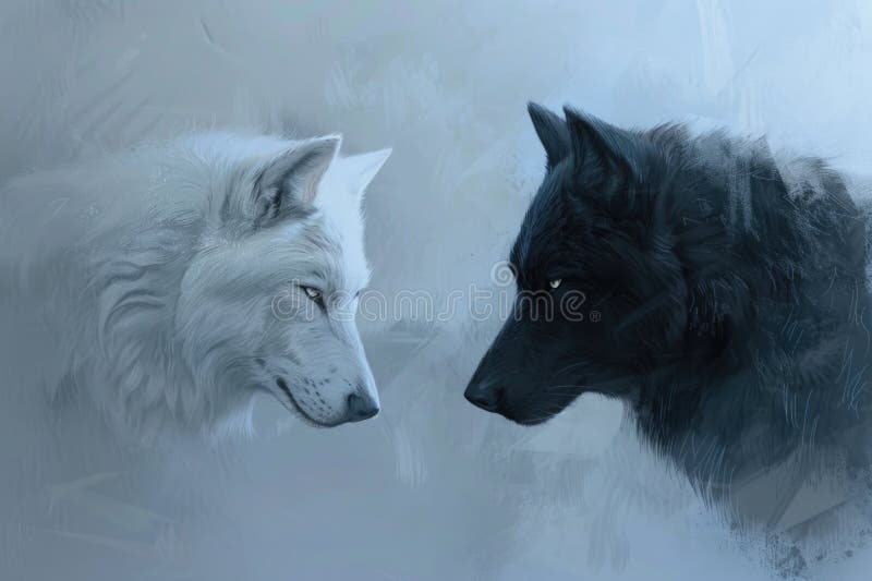 Two Wolves Face Off in a Standoff, with One Being White and the Other ...