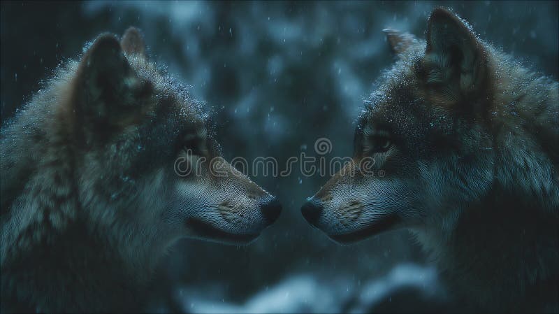 Two Wolves Facing Each Other in a Dark Snowy Forest Scene with a ...