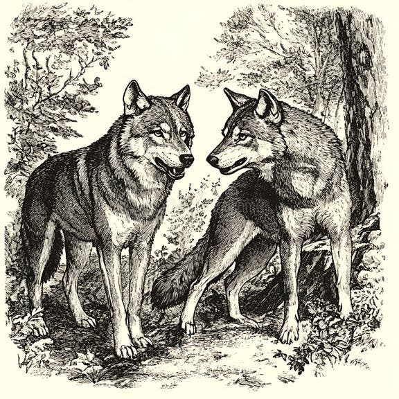 Two Wolves Facing Each Other in a Forest Stock Illustration ...