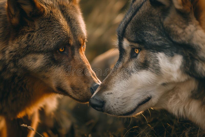Two Wolves are Facing Each Other in the Grassy Field Stock Image ...