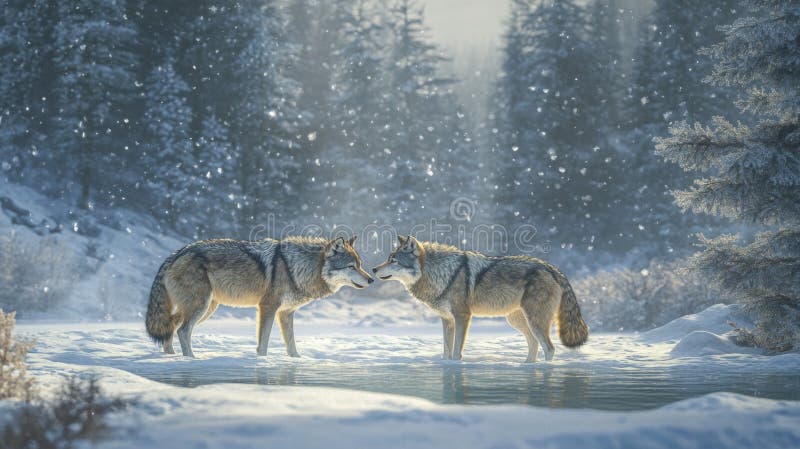 Two Wolves Facing Each Other in a Snowy Forest Stock Illustration ...