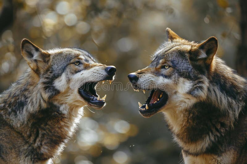 Two Wolves Fighting in the Forest, Wild Animals in the Nature Stock ...