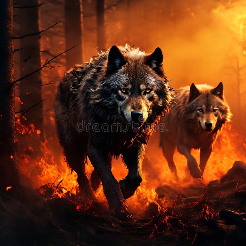 Two Wolves Fighting in the Wild Forest. Fire in the Forest Stock ...
