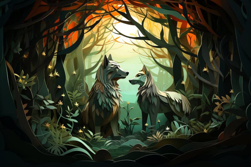 Two Wolves in the Forest at Sunset Stock Illustration - Illustration of ...