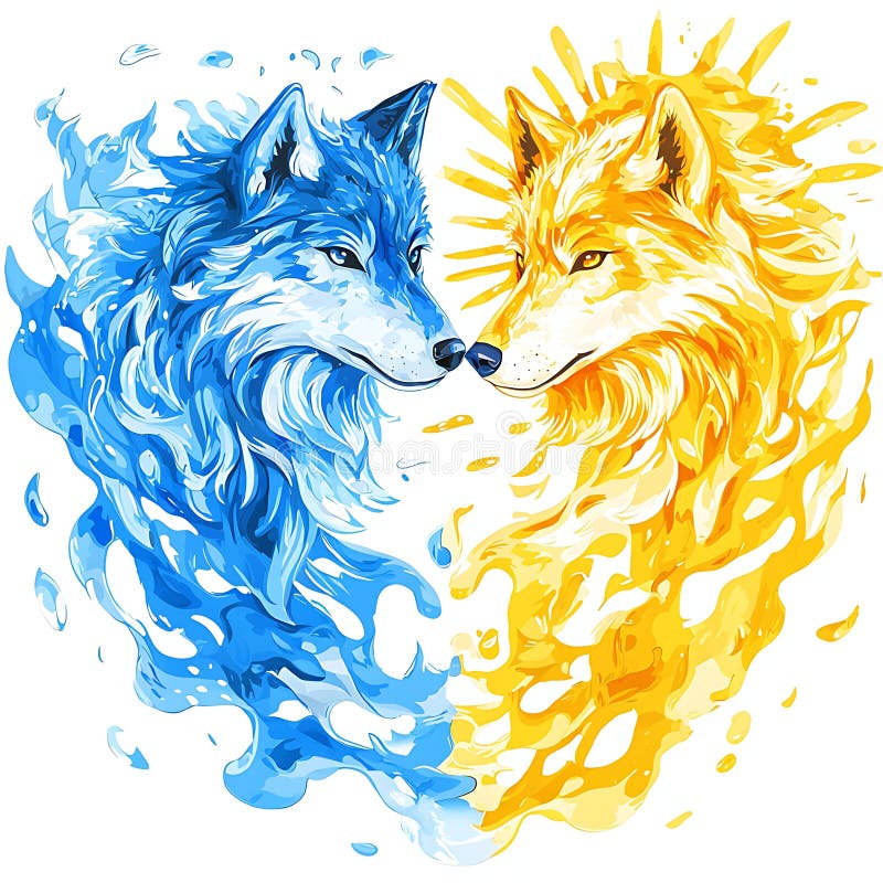 Two Wolves Form a Heart Symbolizing Fire and Water Harmony Stock ...