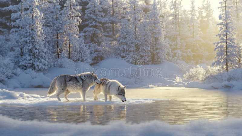 Two Wolves by a Frozen River at Sunset Stock Illustration ...