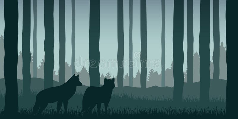 Two Wildlife Wolves Silhouette in the Forest on the Meadow Black and ...