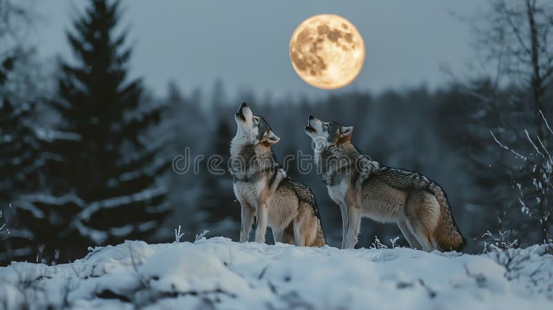 Two Wolves Howl at the Full Moon in a Snowy Forest Stock Illustration ...