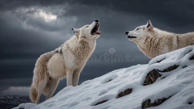 Two Wolves Howl in a Snowy Landscape Under a Dramatic Sky Stock ...