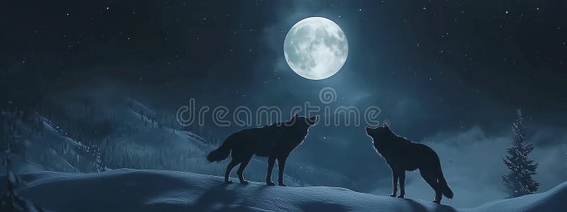 Two Wolves Howling in Dark Winter Night with Full Moon Stock ...