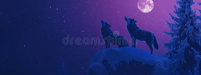 Two Wolves Howling in Dark Winter Night Purple Landscape Stock ...