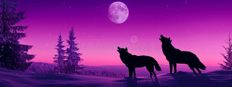 Two Wolves Howling in Dark Winter Night Purple Landscape Stock ...