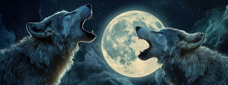 Two Wolves Howling in Dark Winter Night with Full Moon Stock ...