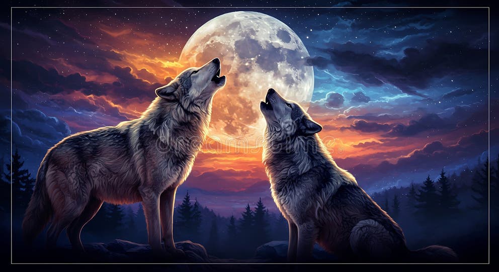 Two Wolves are Howling in Front of a Large, Full Moon. the Scene is Set ...