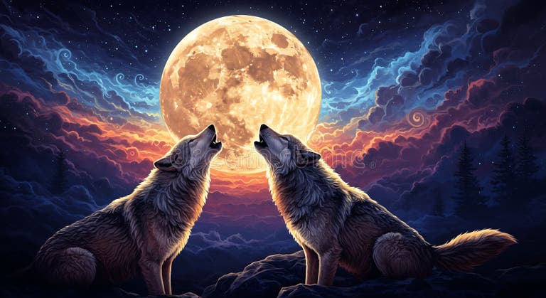 Two Wolves are Howling at a Full Moon in a Dramatic Night Scene. the ...