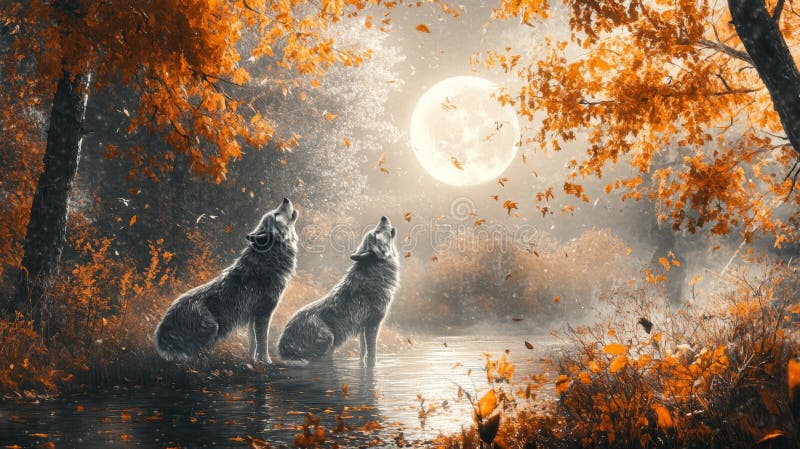 Two Wolves Howling at the Full Moon in a Misty Forest Stock ...