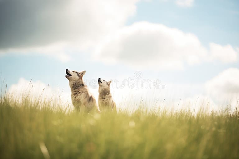 Two Wolves Howling in Grassy Meadow Stock Image - Image of habitat ...