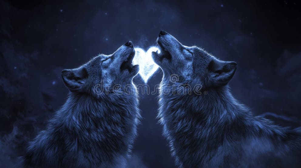 Two Wolves Howling at the Heart Shaped Moon Stock Illustration ...