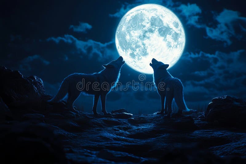 Two Wolves Howling at the Moon Stock Photo - Image of coyote, night ...