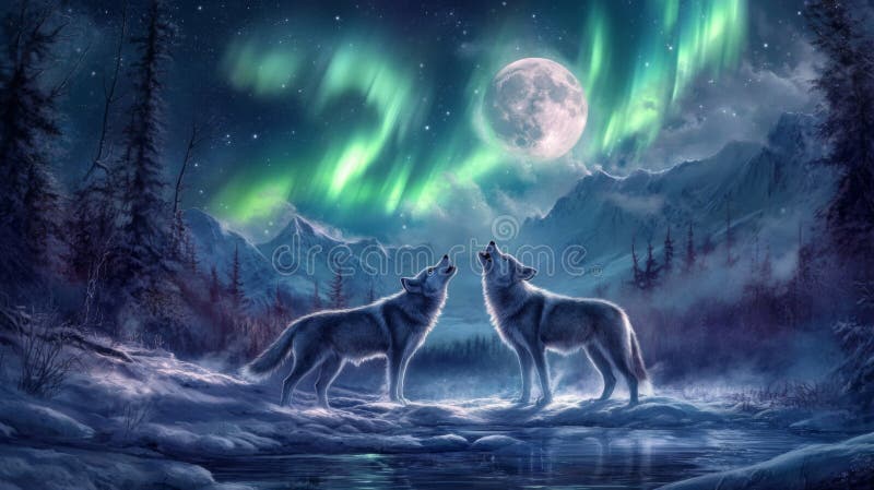 Two Wolves Howling at the Moon and Aurora Borealis Stock Illustration ...