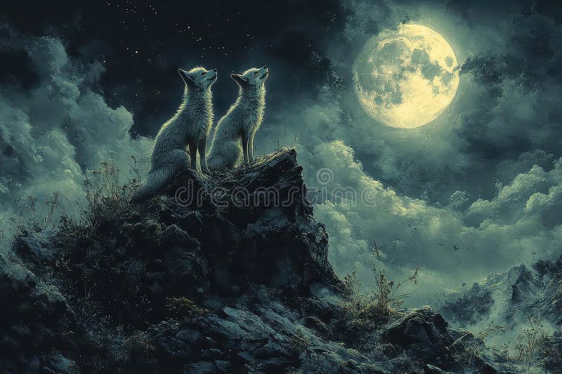 Two Wolves Howling at the Moon on a Mountaintop Stock Illustration ...