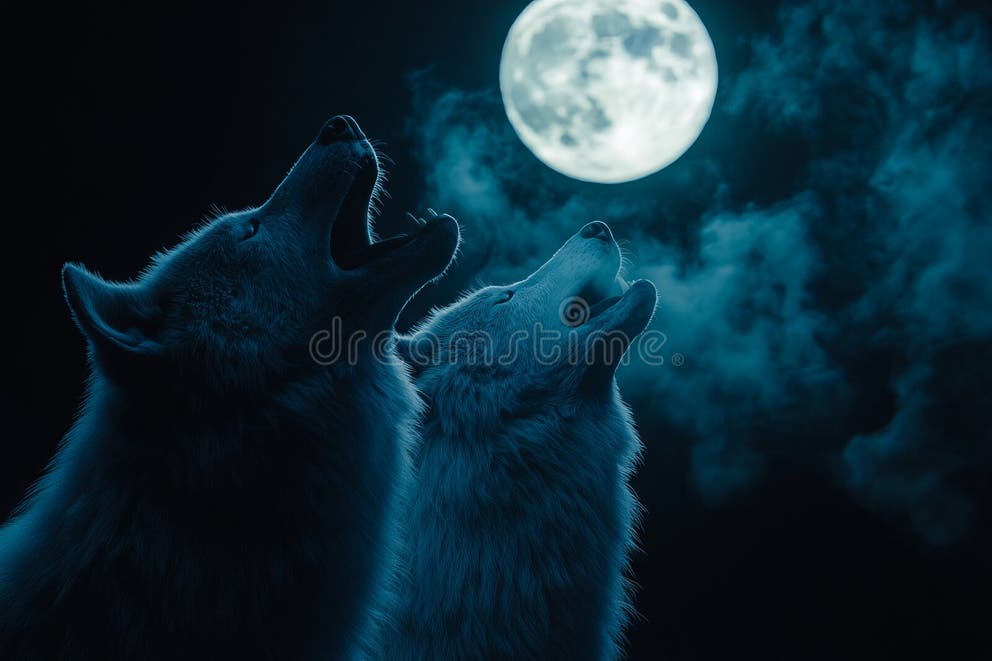 Two Wolves Howling at the Moon Stock Photo - Image of wide, creating ...