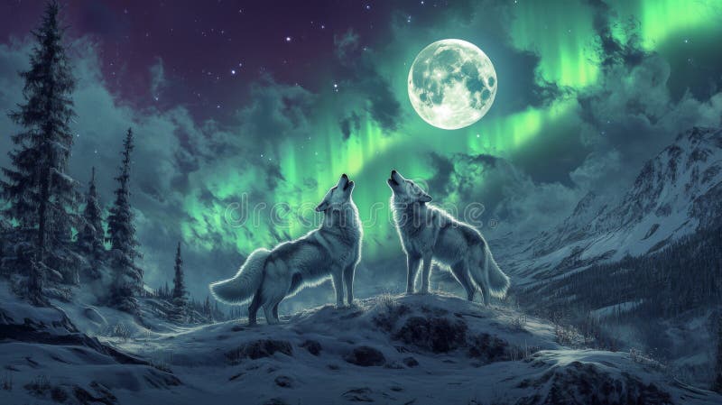 Two Wolves Howling at the Moon Under the Northern Lights Stock ...