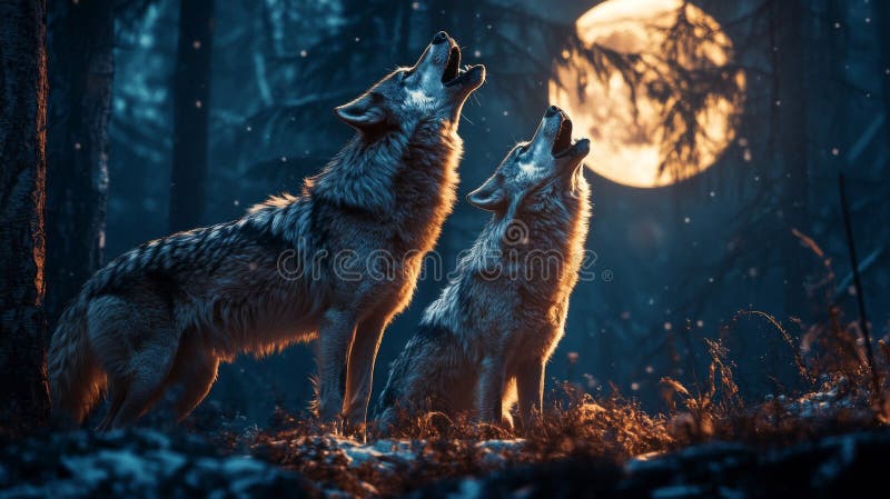 Two Wolves Howling at the Moon in a Winter Forest Stock Illustration ...