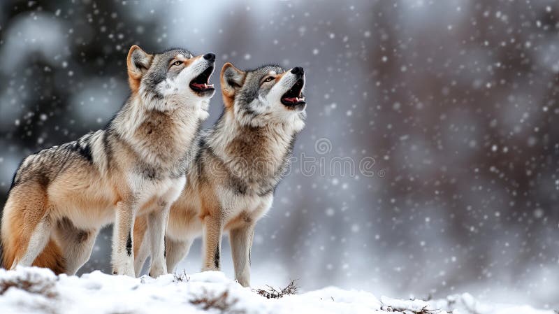 Two Wolves Howling in the Snow Stock Image - Image of forest, facing ...