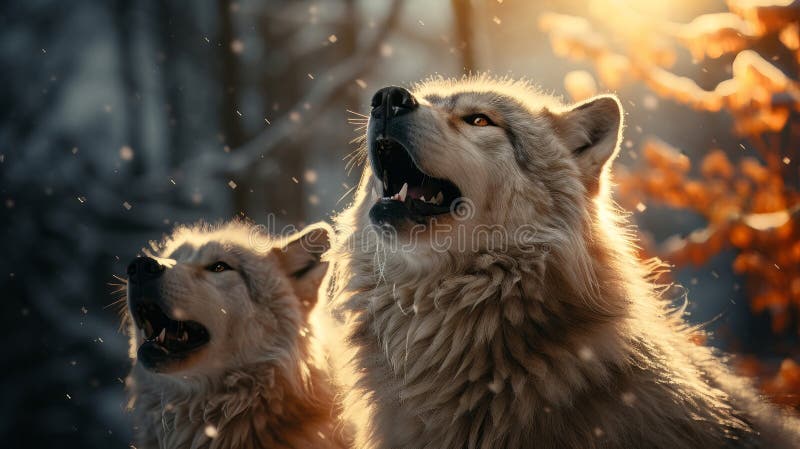 Two Wolves Howling in the Snow. Generative AI. Stock Illustration ...