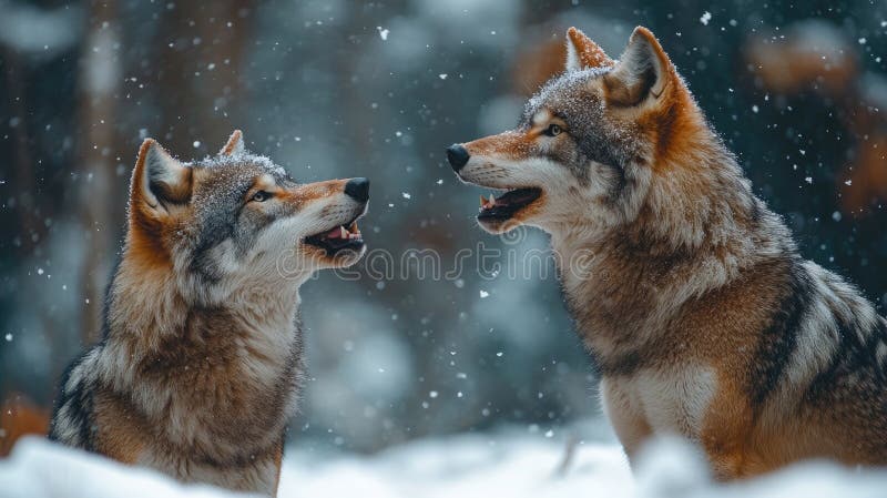Two Wolves Howling in Snowy Forest during Winter Stock Illustration ...