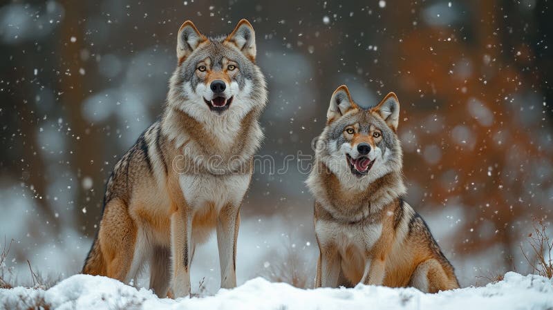 Two Wolves Howling while Standing on Snowy Hill during Winter Stock ...