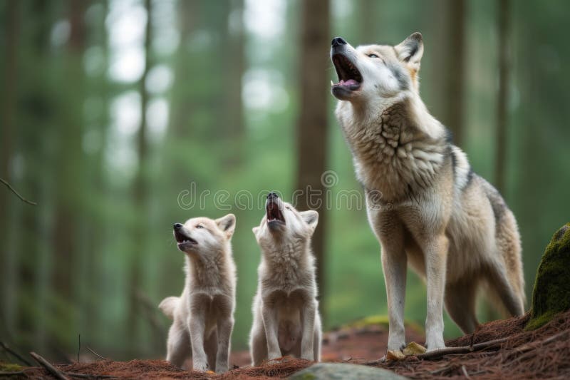 Two Wolves Howling with Their Baby in Forest Stock Image - Image of ...
