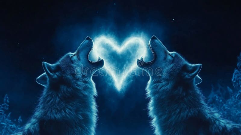 Two Wolves Howling Under a Heart Shaped Nebula Stock Illustration ...