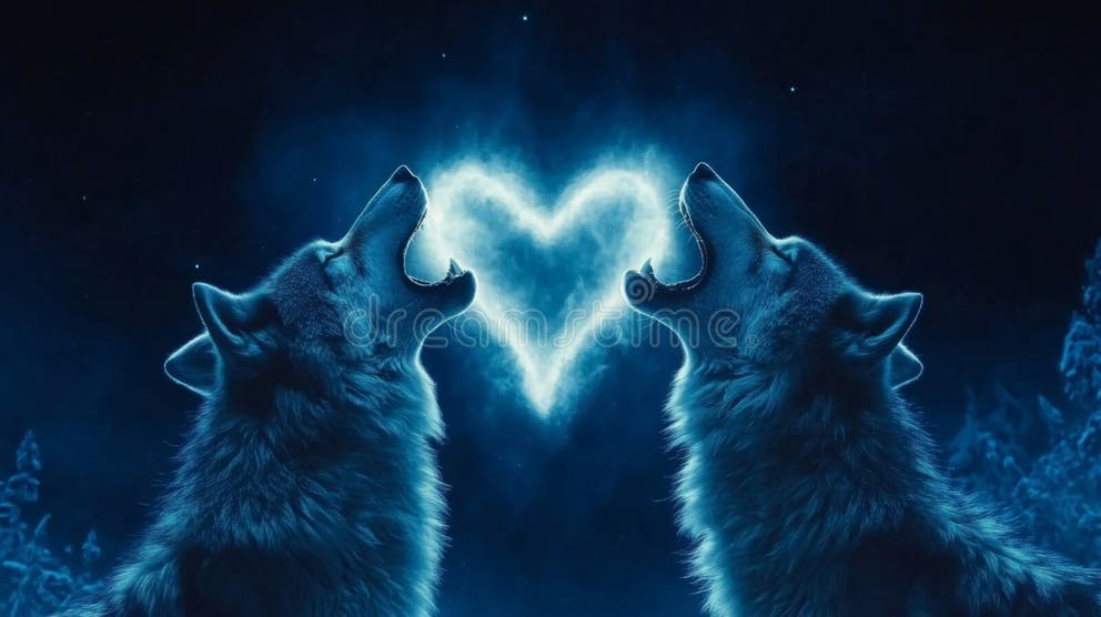 Two Wolves Howling Under a Heart Shaped Nebula Stock Illustration ...