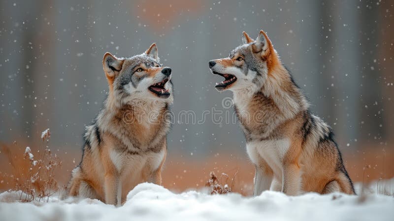 Two Wolves Howling Under the Snowfall Stock Illustration - Illustration ...