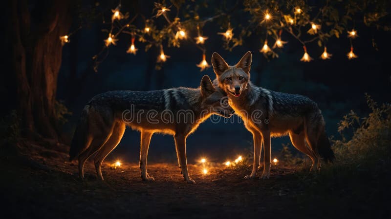 Romantic Black-Backed Jackals at Night with Fairy Lights Stock ...