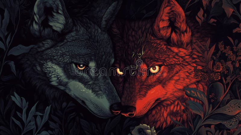 Two Wolves Intense Gaze Dark Forest Night Stock Illustration ...